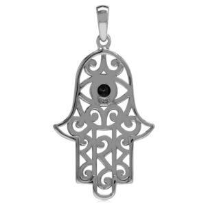 Silvershake Natural Black Spinel 925 Sterling Silver Evil Eye on Hamsa Hand Pendant