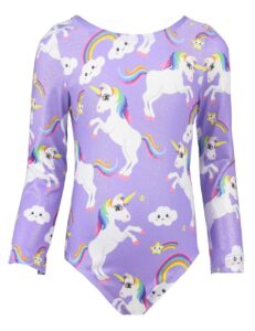 tenvda girls gymnastics leotards size 4t 5t sparkly purple unicorn printed long sleeve tumbling outfit winter bodysuit