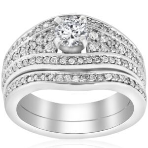 1 1/10ct diamond pave wide engagement wedding ring set 14k white gold - size 10