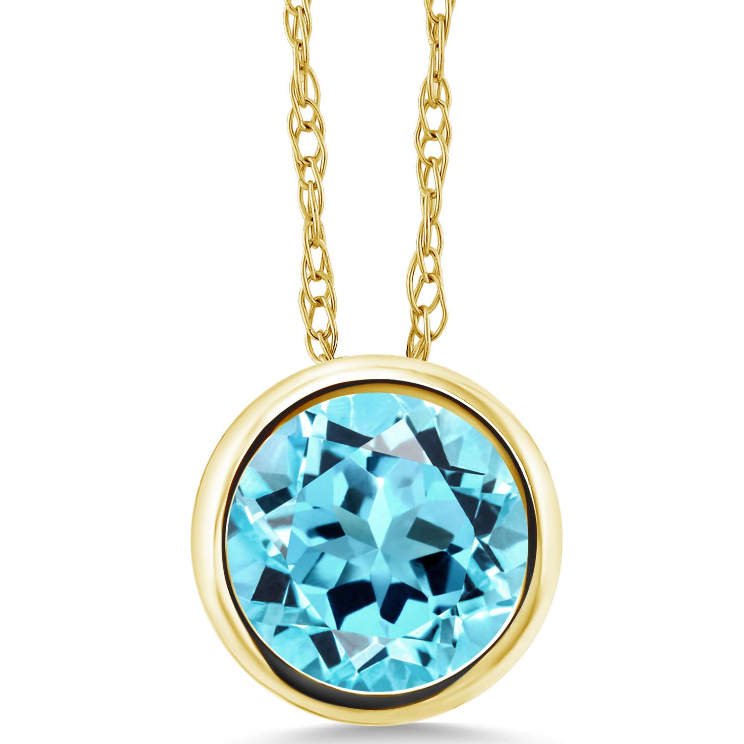 Gem Stone King 1.20 Ct Round Swiss Blue Topaz 14K Yellow Gold Pendant With Chain