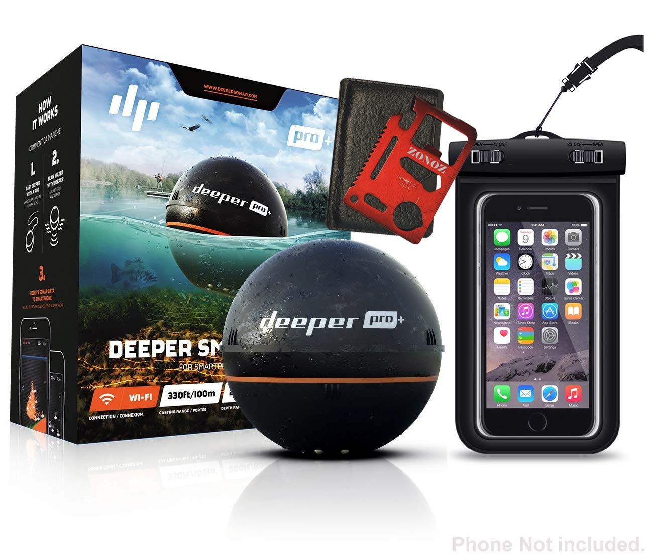 Deeper Smart Sonar PRO+ Series, 2.55", Black - GPS, Wi-Fi Connected Wireless, Castable, Portable Smart Fishfinder for iOS & Android Devices, Z-Tool & Universal Waterproof Cellphone Case (Bundle)