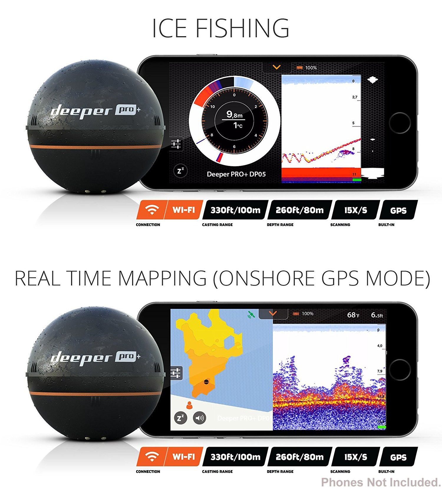 Deeper Smart Sonar PRO+ Series, 2.55", Black - GPS, Wi-Fi Connected Wireless, Castable, Portable Smart Fishfinder for iOS & Android Devices, Z-Tool & Universal Waterproof Cellphone Case (Bundle)