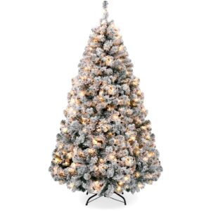 best choice products 6ft pre-lit snow flocked artificial holiday christmas pine tree for home, office, party decoration w/ 250 warm white lights, metal hinges & base