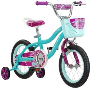 schwinn koen & elm bmx style toddler and kids bike, for girls and boys, 14-inch wheels, with saddle handle, training wheels, chain guard, and front basket, recommended height 36-40 inch, teal