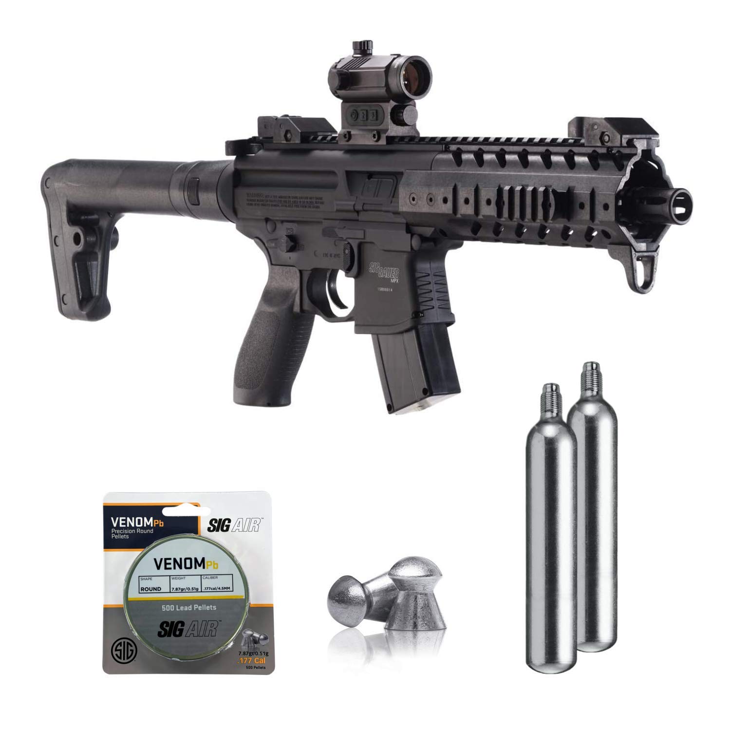 SIG Sauer MPX .177 Cal CO2 Powered Air Rifle with CO2 90 Gram (2 Pack) and 500 Lead Pellets Bundle (Black, Red Dot)