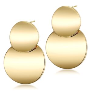 wistic gold hoop earrings double layered disc drop fashion earrings 14k gold plated polished stainless steel earrings jewelry (double disc drop earrings (gold))