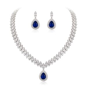 ever faith women's marquise cz leaf teardrop wedding pendant necklace earrings set blue silver-tone