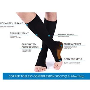 3Pairs Open Toe Toeless Compression Socks(15-20mmHg) for Men and Women Support Stocking (Black, L/XL)