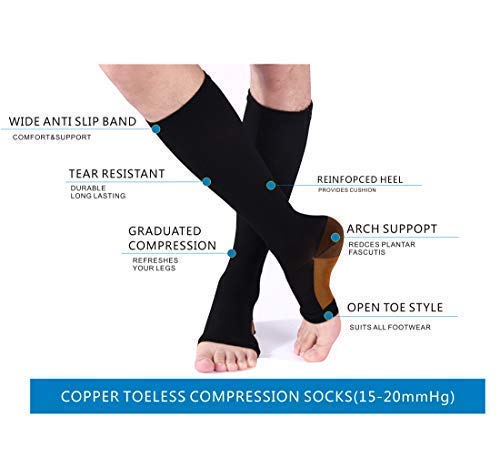 3Pairs Open Toe Toeless Compression Socks(15-20mmHg) for Men and Women Support Stocking (Black, L/XL)