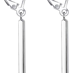 Milacolato S925 Sterling Silver Bar Dangle Earrings 18K White Gold Plated Women's Drop Dangle Earrings Hypoallergenic Leverback Vertical Bar Drop Earrings for Women