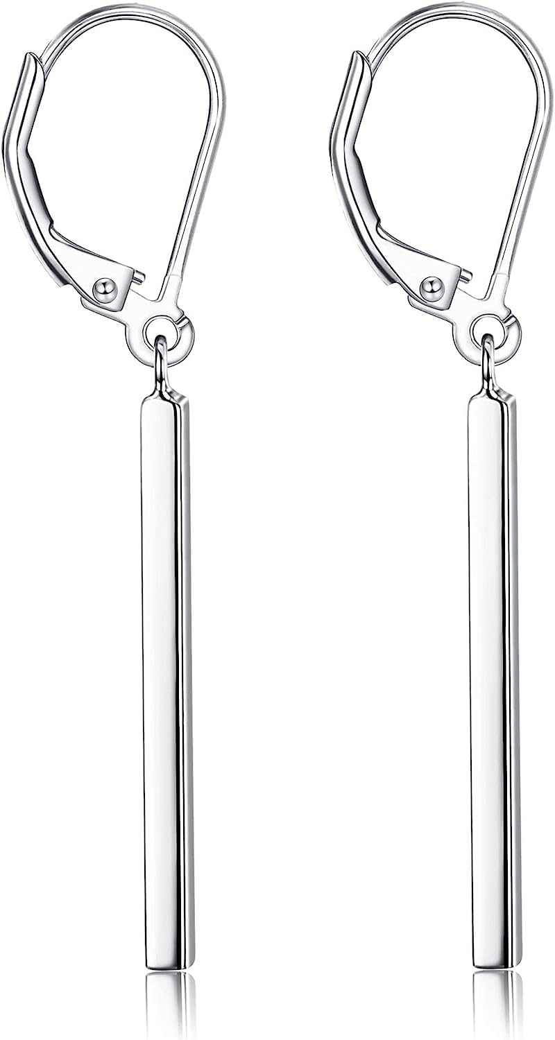 Milacolato S925 Sterling Silver Bar Dangle Earrings 18K White Gold Plated Women's Drop Dangle Earrings Hypoallergenic Leverback Vertical Bar Drop Earrings for Women