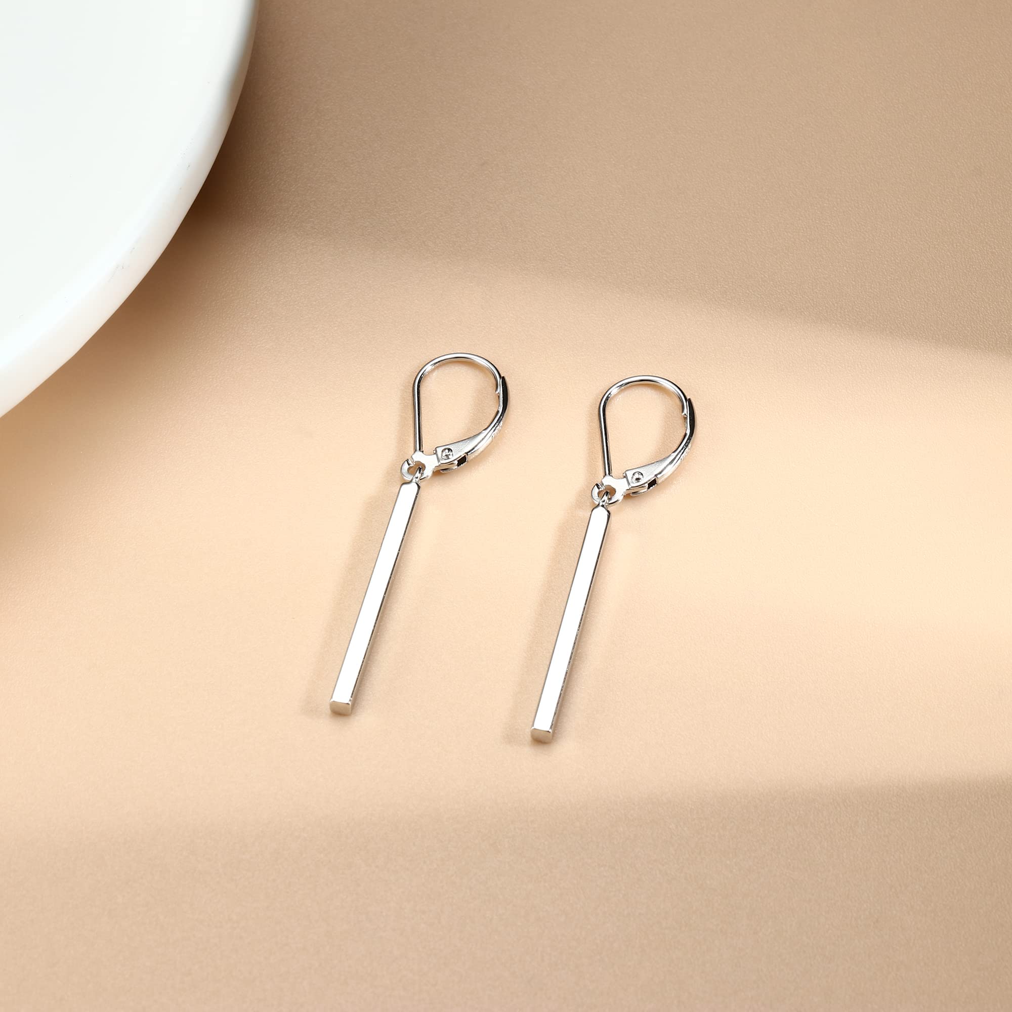 Milacolato S925 Sterling Silver Bar Dangle Earrings 18K White Gold Plated Women's Drop Dangle Earrings Hypoallergenic Leverback Vertical Bar Drop Earrings for Women