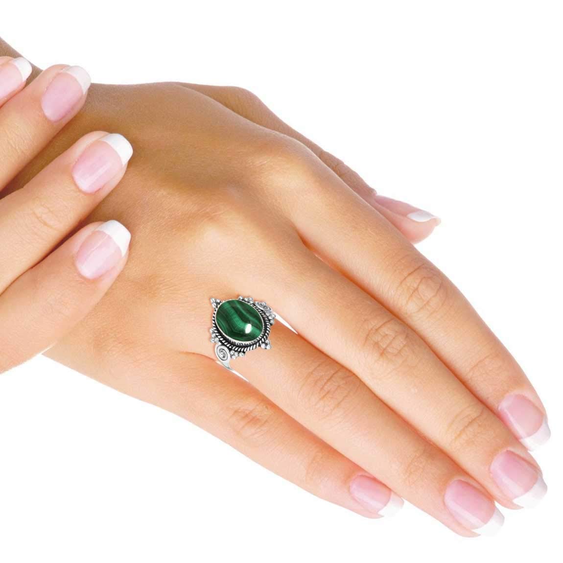 JEWELOPORIUM 925 Sterling Silver Ring for Women Green Real Malachite Stone Fashion Silver Ring Size 8.5 Anniversary - Gift Boho Jewelry