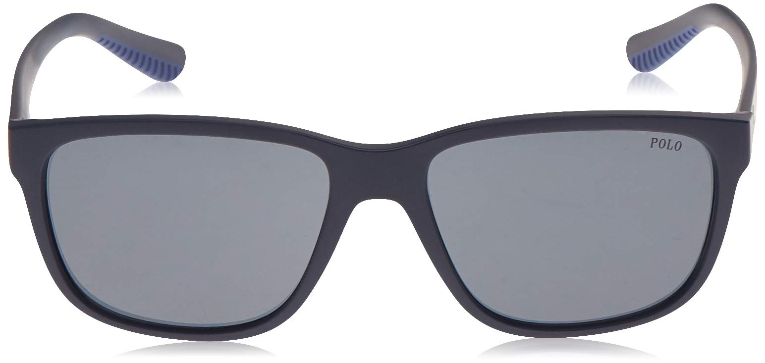 Polo Ralph Lauren Men's PH4142 Rectangular Sunglasses, Matte Navy Blue/Grey/Blue, 57 mm