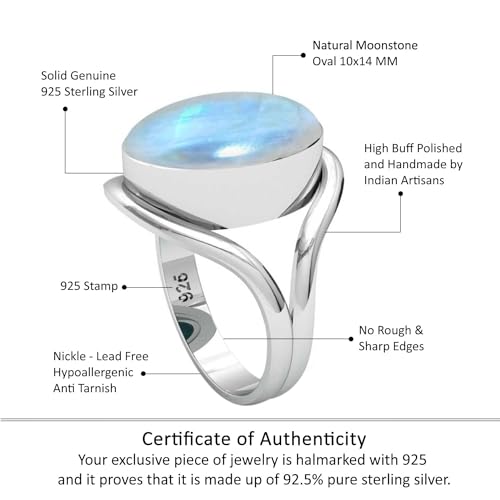 JEWELOPORIUM 925 Sterling Silver Ring for Women Size 8.5 White Natural Rainbow Moonstone Stone Solitaire Silver Ring Christmas - Gift Costume Jewelry