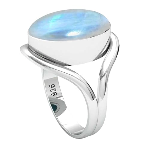 JEWELOPORIUM 925 Sterling Silver Ring for Women Size 8.5 White Natural Rainbow Moonstone Stone Solitaire Silver Ring Christmas - Gift Costume Jewelry