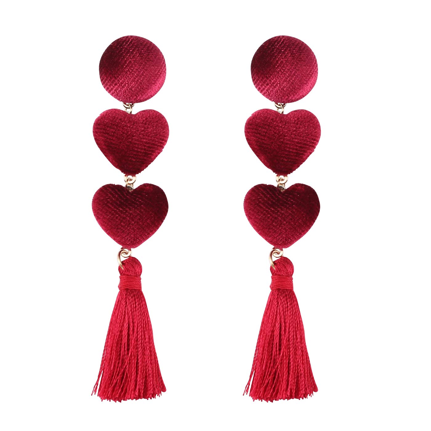 FAMARINE Red Heart Tassel Earrings, Velvet Double Heart Shape Fringe Drop Earrings Christimas, Red