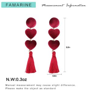 FAMARINE Red Heart Tassel Earrings, Velvet Double Heart Shape Fringe Drop Earrings Christimas, Red