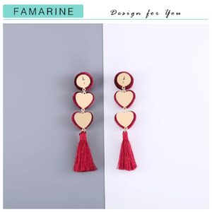 FAMARINE Red Heart Tassel Earrings, Velvet Double Heart Shape Fringe Drop Earrings Christimas, Red