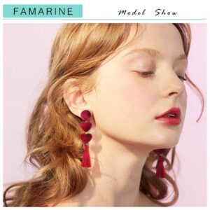 FAMARINE Red Heart Tassel Earrings, Velvet Double Heart Shape Fringe Drop Earrings Christimas, Red