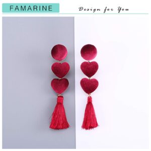 FAMARINE Red Heart Tassel Earrings, Velvet Double Heart Shape Fringe Drop Earrings Christimas, Red