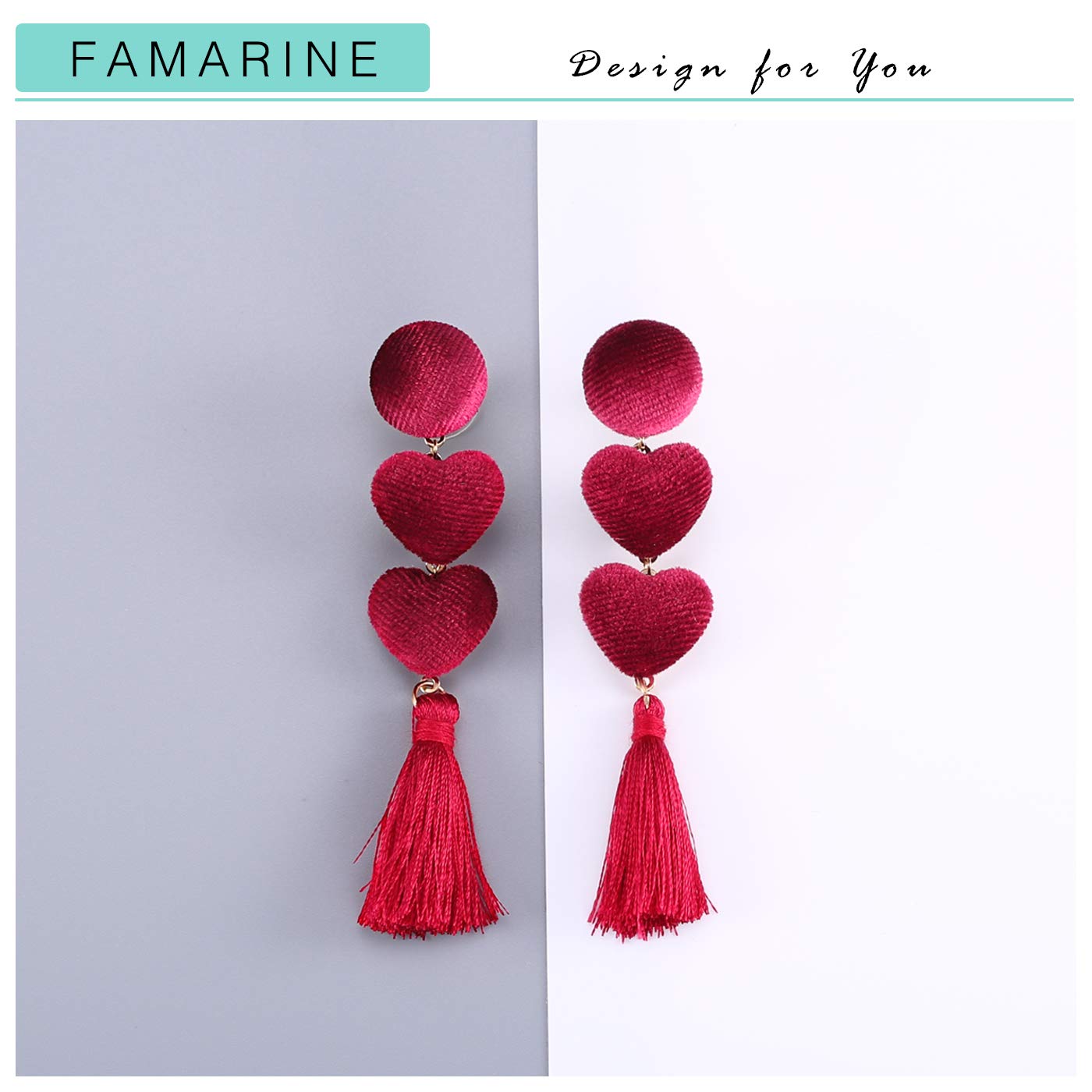 FAMARINE Red Heart Tassel Earrings, Velvet Double Heart Shape Fringe Drop Earrings Christimas, Red