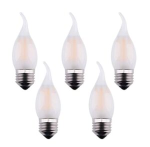 opalray c35 4w(40w incandescent equivalent) led candelabra bulb, led filament light, normal e26 base, 2700k warm white light, dimmable, frosted glass, flame tip, 5 pack