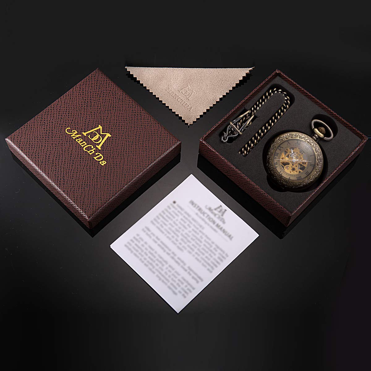 ManChDa Mechanical Pocket Watch, for Men Women Special Magnifier Half Hunter Double Open Engraved Case Roman Numerals with Chain + Box Bronze