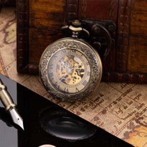 ManChDa Mechanical Pocket Watch, for Men Women Special Magnifier Half Hunter Double Open Engraved Case Roman Numerals with Chain + Box Bronze