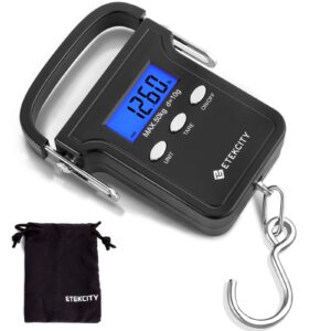 etekcity fishing scale with backlit lcd display, 110lb/50kg digital electronic hanging hook scale with batteries and carry pouch included, black, non-slip handle