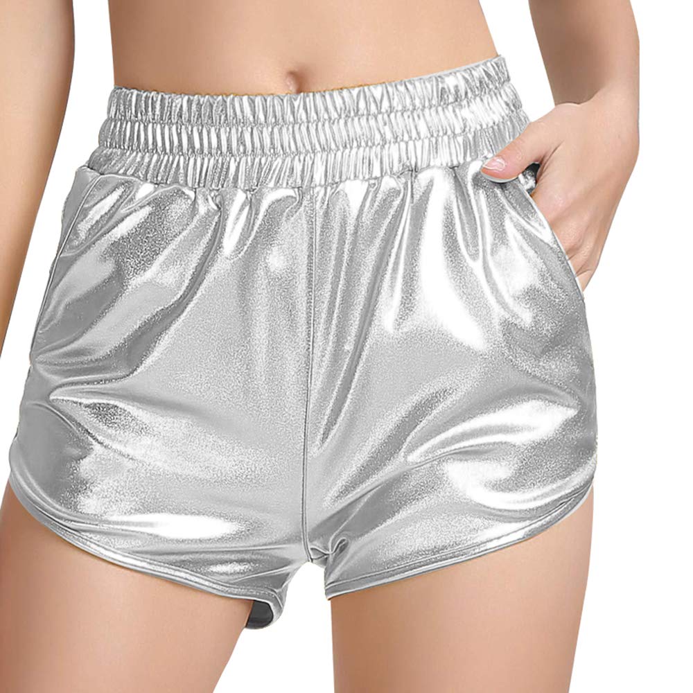 Women's Yoga Hot Shorts Elastic Waist Shiny Metallic Pants (Silver, L)