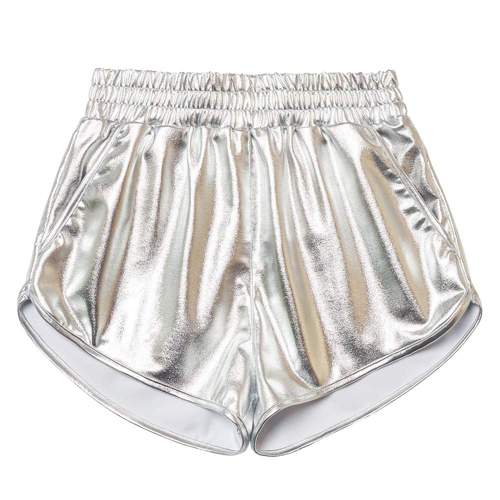 Women's Yoga Hot Shorts Elastic Waist Shiny Metallic Pants (Silver, L)