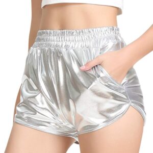 Women's Yoga Hot Shorts Elastic Waist Shiny Metallic Pants (Silver, L)