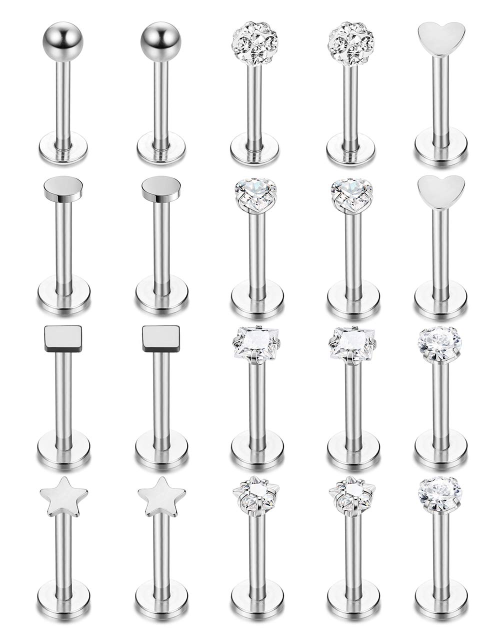 Udalyn 20 Pcs Stainless Steel Labret Studs Lip Rings for Men Women Nose Studs Cartilage Earrings Tragus Helix Piercing Jewelry 16G