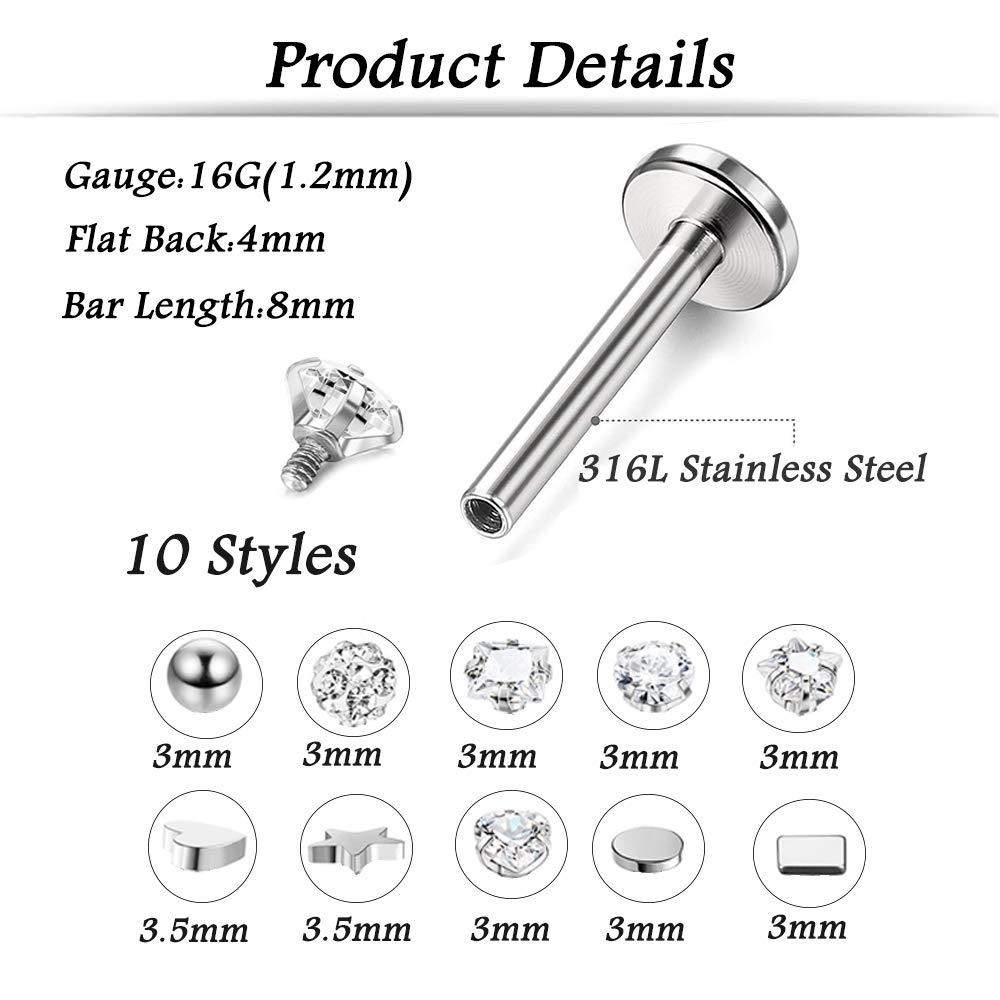 Udalyn 20 Pcs Stainless Steel Labret Studs Lip Rings for Men Women Nose Studs Cartilage Earrings Tragus Helix Piercing Jewelry 16G