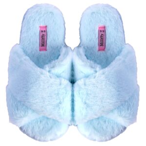 millffy women's cross band slipper fuzzy fluffy slippers summer slip on house slippers (women us 9-10, cross blue)