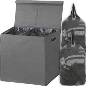 simple houseware double laundry hamper with lid and removable laundry bags, dark grey