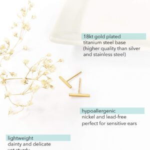 Altitude Boutique 18K Gold Plated Skinny Wire Midi Balance Bar Stud Earrings Hypoallergenic Long Bar Earrings in Gold, Rose Gold, or Silver | Delicate Jewelry (Gold, 10mm)