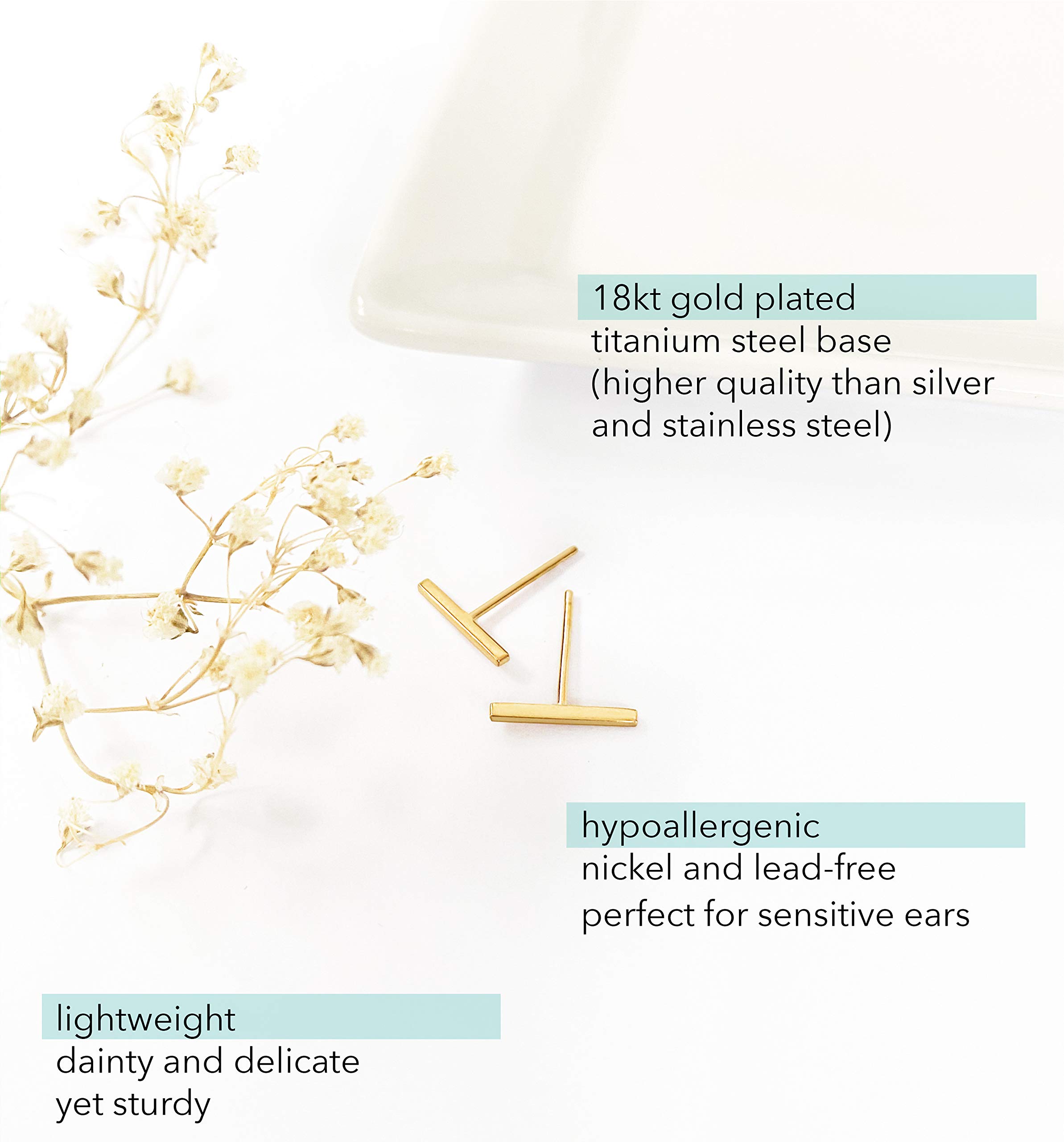 Altitude Boutique 18K Gold Plated Skinny Wire Midi Balance Bar Stud Earrings Hypoallergenic Long Bar Earrings in Gold, Rose Gold, or Silver | Delicate Jewelry (Gold, 10mm)