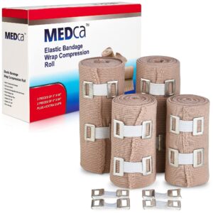 elastic compression bandage wrap - premium quality (set of 4) w/ hooks, athletic sport support tape rolls for ankle, wrist, arm, leg sprains first aid bandages measure (2)- 4" x 5 ft (2)- 3" x 5 ft