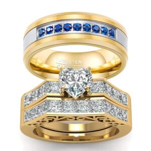 two rings his hers wedding ring sets couples rings women's 10k yellow gold filled white cz wedding engagement ring bridal sets & men's tungsten carbide blue cz wedding band