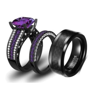 two rings his hers wedding ring sets couples matching rings women's 2pc black gold filled amethyst cz wedding engagement ring bridal sets men's tungsten carbide wedding band