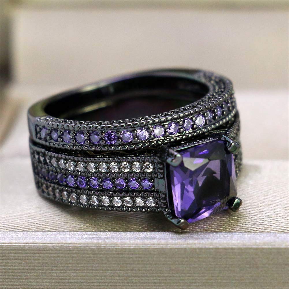 Two Rings His Hers Wedding Ring Sets Couples Matching Rings Women's 2pc Black Gold Filled Amethyst CZ Wedding Engagement Ring Bridal Sets Men's Tungsten Carbide Wedding Band