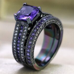 Two Rings His Hers Wedding Ring Sets Couples Matching Rings Women's 2pc Black Gold Filled Amethyst CZ Wedding Engagement Ring Bridal Sets Men's Tungsten Carbide Wedding Band