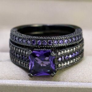 Two Rings His Hers Wedding Ring Sets Couples Matching Rings Women's 2pc Black Gold Filled Amethyst CZ Wedding Engagement Ring Bridal Sets Men's Tungsten Carbide Wedding Band