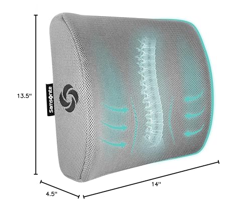 Samsonite SA5244 Ergonomic Lumbar Support Pillow Helps Relieve Lower Back Pain 100% Pure Memory Foam Improves Posture Fits Most Seats Breathable Mesh Washable Cover Adjustable Strap