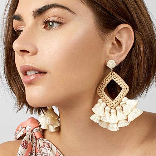 WFYOU Rattan Tassel Earrings for Women Bohemian Statement Handmade Woven Drop Dangle Earrings