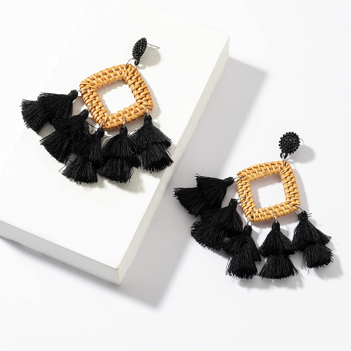 WFYOU Rattan Tassel Earrings for Women Bohemian Statement Handmade Woven Drop Dangle Earrings