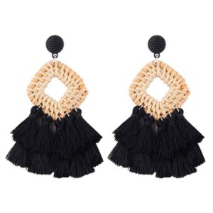 wfyou rattan tassel earrings for women bohemian statement handmade woven drop dangle earrings