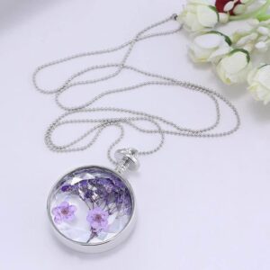 Lifenanny Dry Pressed Flower Necklace Handmade Purple Lavender Glass Necklace Round Pendant Necklace for Women Girls (Purple)